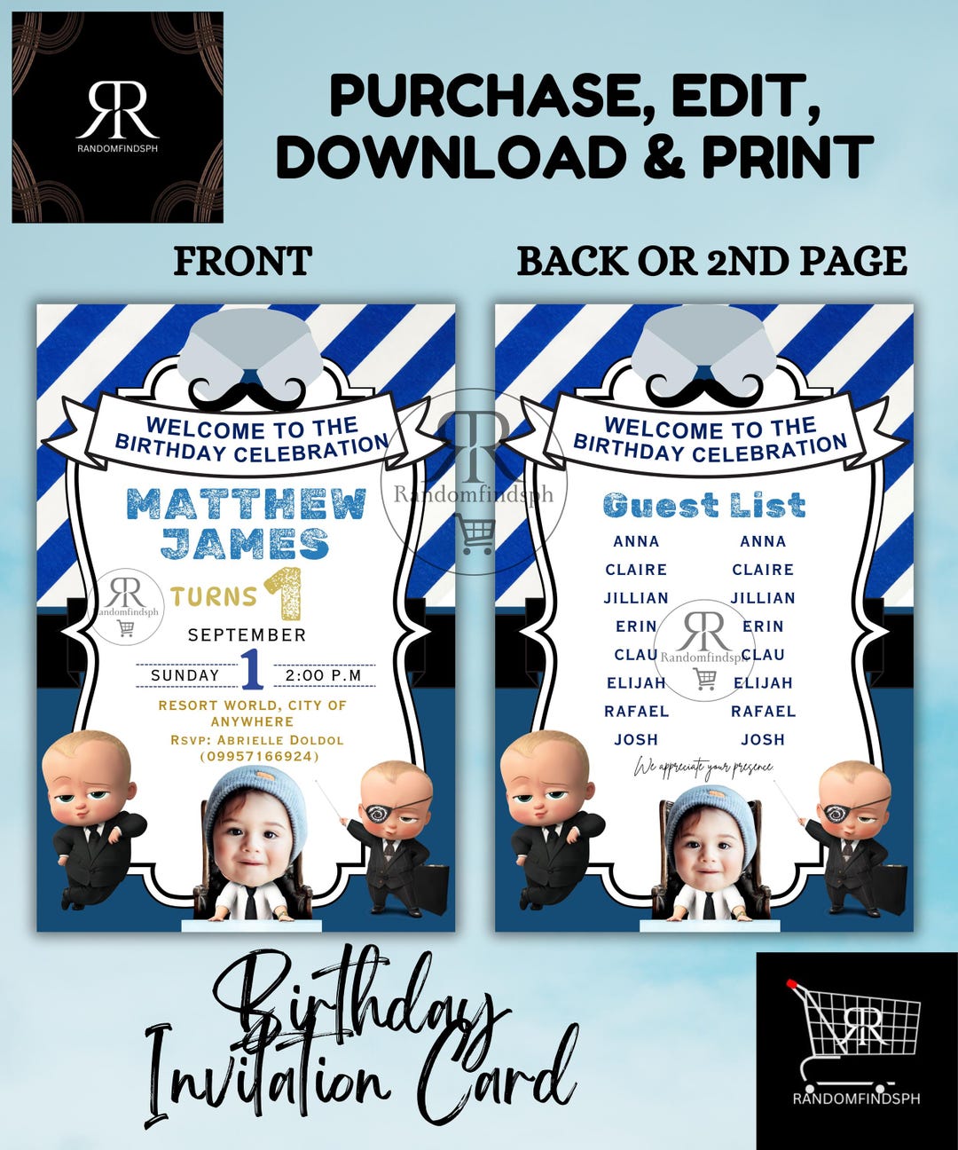 Boss Baby Theme Birthday Invitation Layout editable, Printable ...