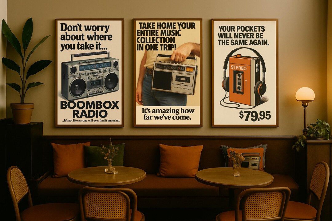 Retro Music Poster Set: 70s Boombox & Cassette Art (digital Download ...