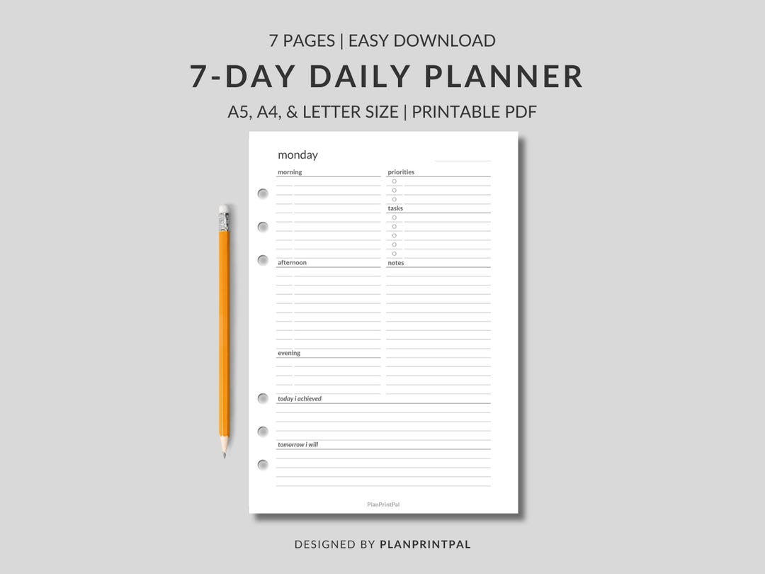 7-day Daily Planner Printable Daily Organizer With Priorities, Tasks ...