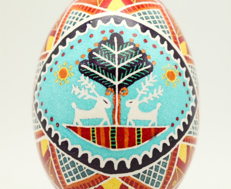 Easter Egg Batik Art: Handmade Pysanky With Two White Deer Under a Tree ...