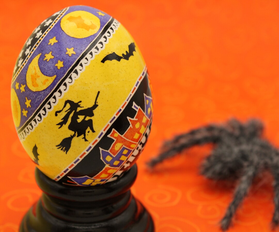 Halloween Batik Art Egg With Stand, Flying Witches and Bats, Trick or ...