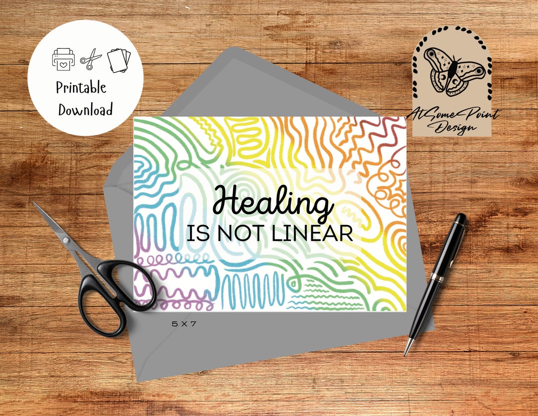 Mental Health Card, Line Art, Healing is Not Linear, Rainbow Art, Blank ...