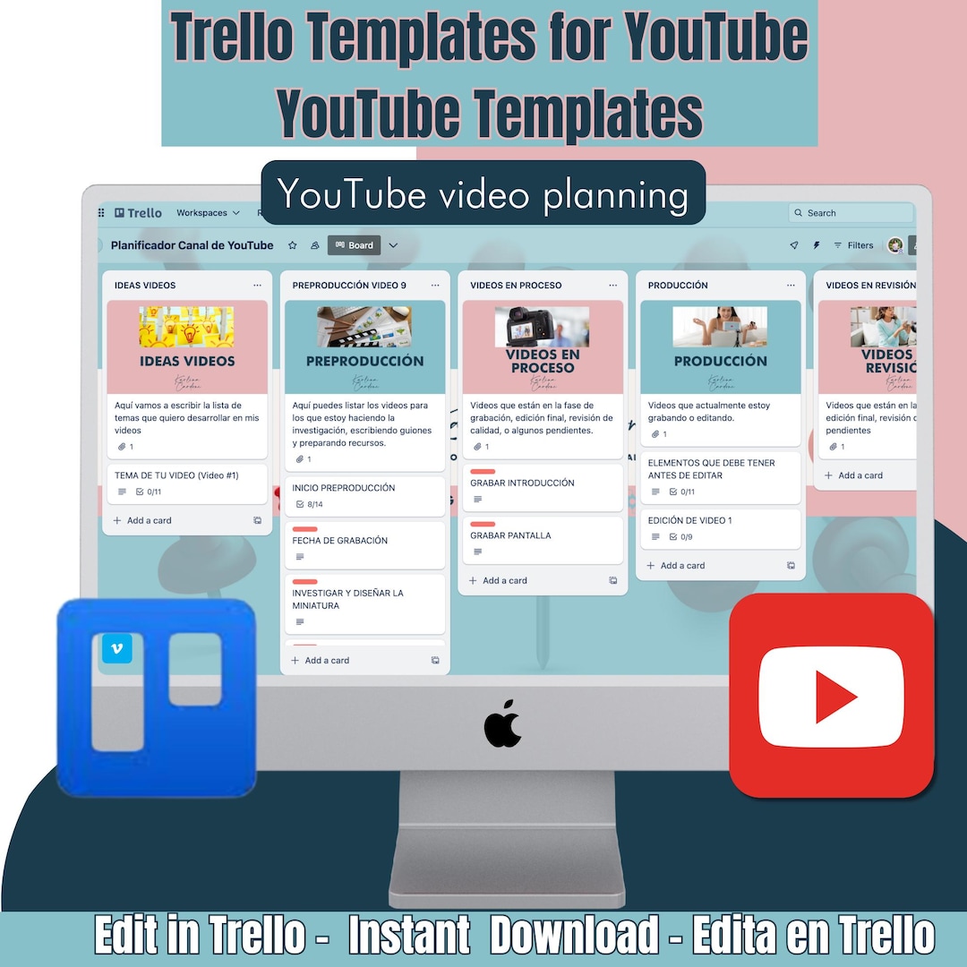 Youtube Content Planner Trello Templates Trello Boards (PDF) - Etsy
