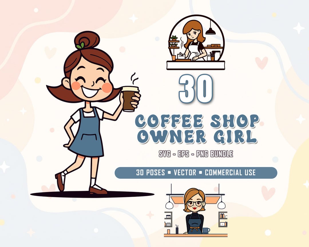 Coffee Shop Owner Girl SVG PNG Bundle, 30 Poses for Cricut & Small ...