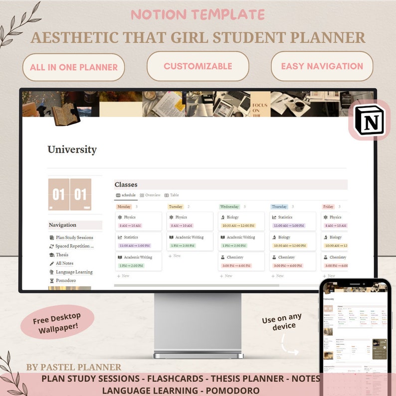 Notion Template Student Planner, 2025 Aesthetic Academic Planner, Assignment Tracker, ADHD ...