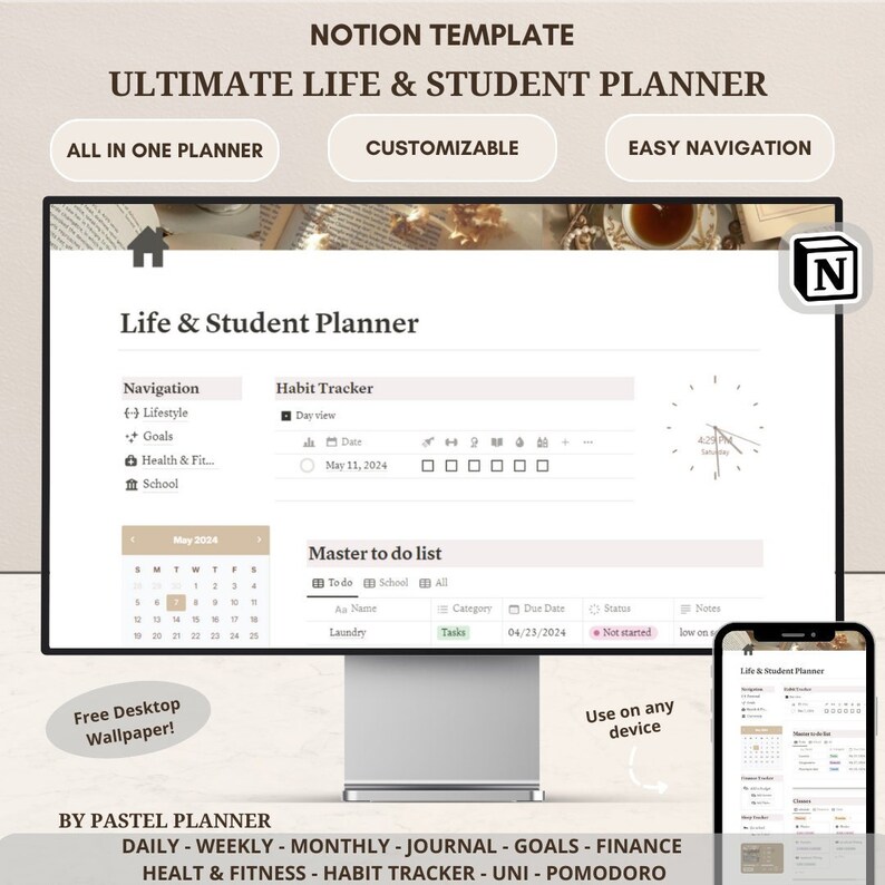Notion Template Ultimate 2024 Life Planner Dashboard, All in One Student Notion Planner, Beige ...