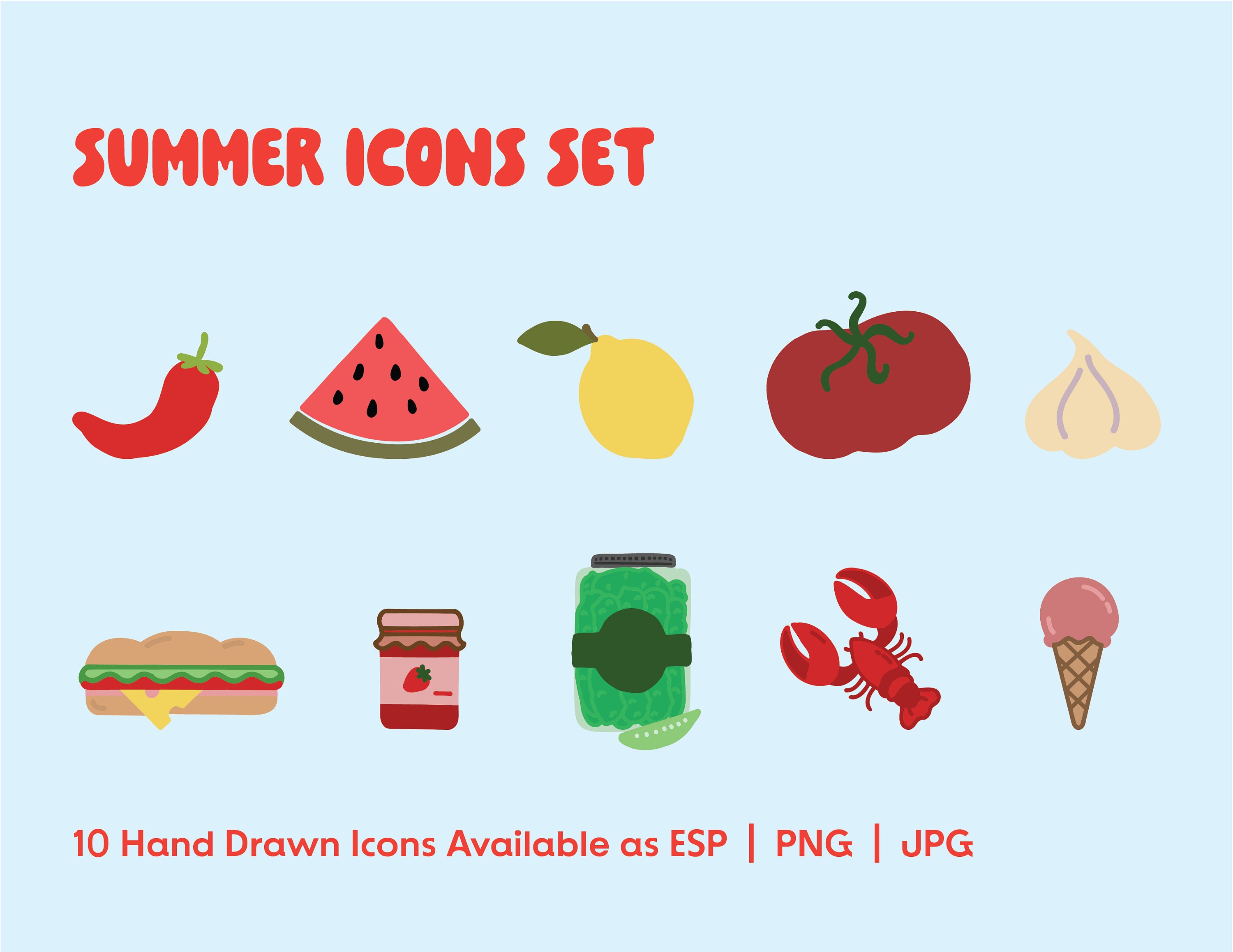 Summer Food Icon Set | 10 Hand Drawn Icons Available as ESP, PNG, JPG ...