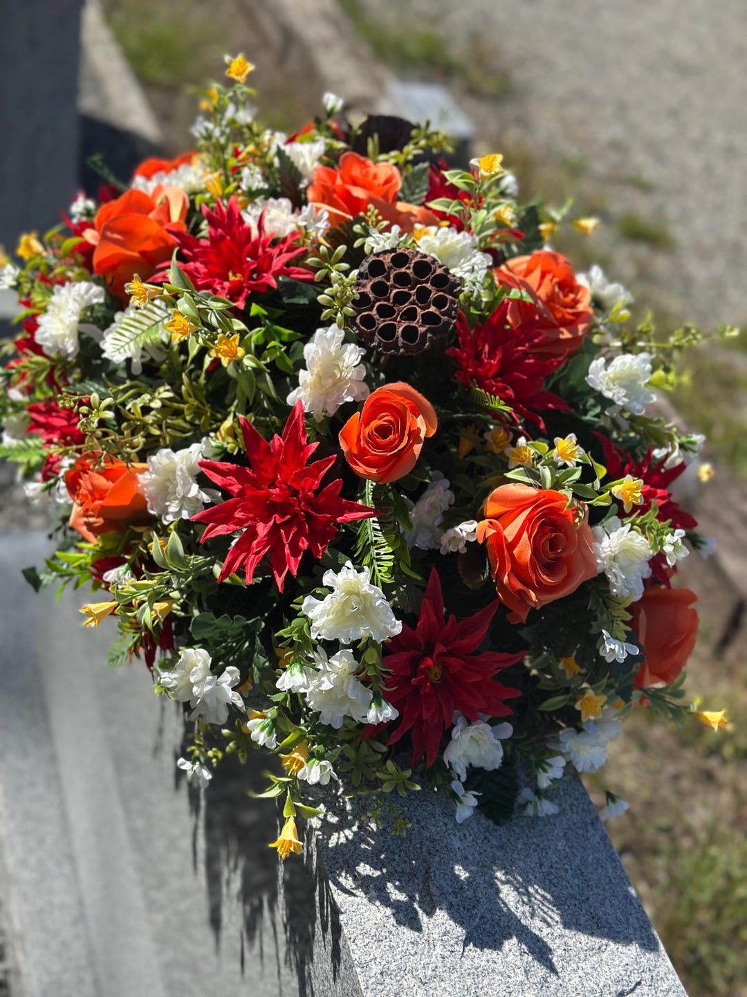Large Silk Flower Cemetery Saddle: Orange Roses Spider Mums Yellow ...