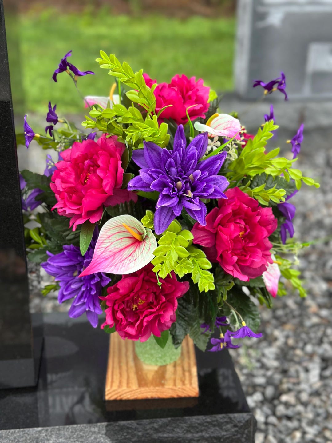 Jewel Tone Large Cemetery Vase Arrangement: Silk Peonies and Daisies ...