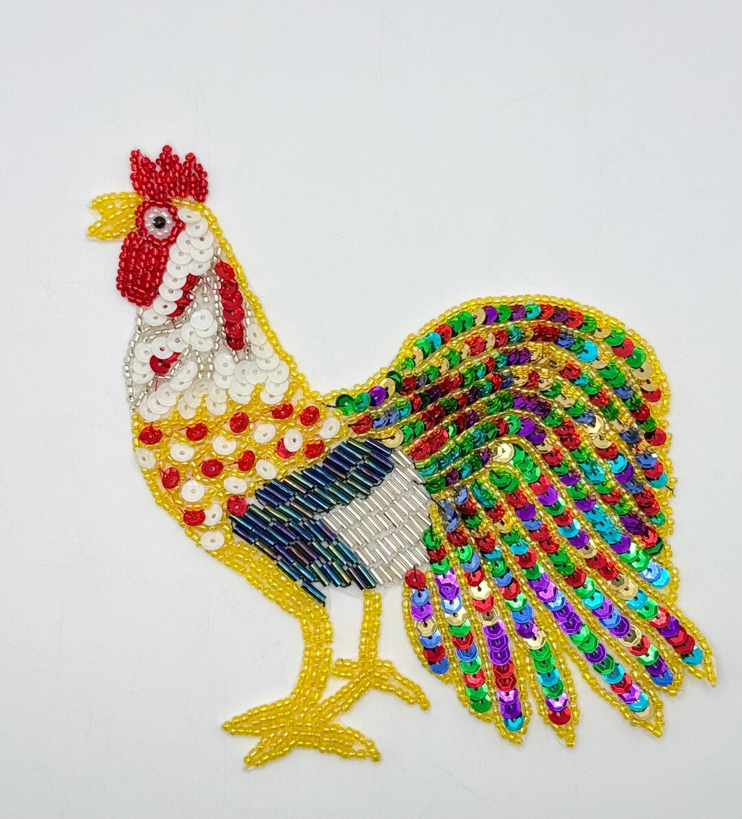 Rooster Appliqué With Colorful Tail Sequin and Beads 7" X 5" - Etsy