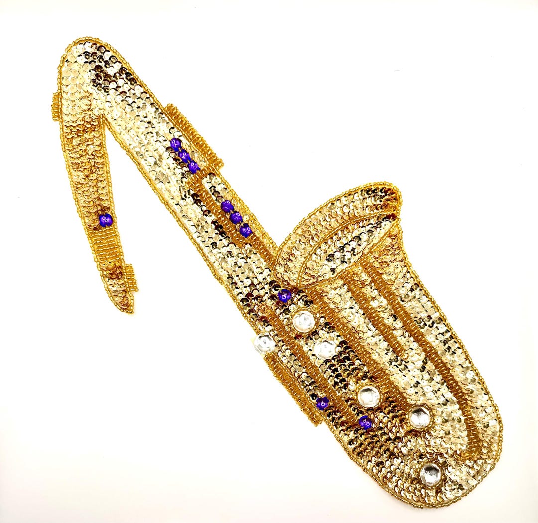 Handmade Saxophone Appliqué: Gold Sequins, Gemstones, Beads (16" X 7.5 ...