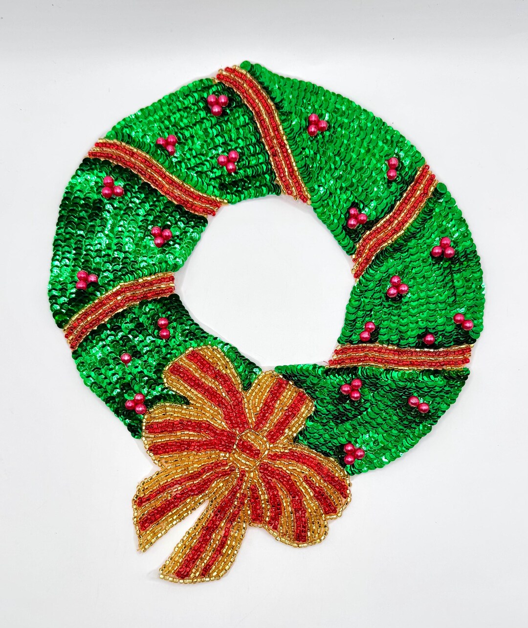 Large Handmade Sequin and Beaded Christmas Wreath Applique 11.5" X 9.5 ...