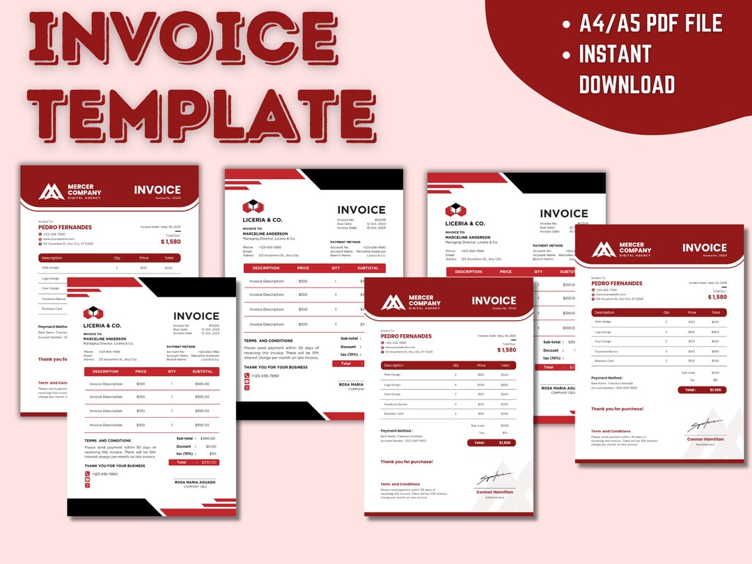 Red Invoice Template: Suitable for Small Business, Professional Invoice ...