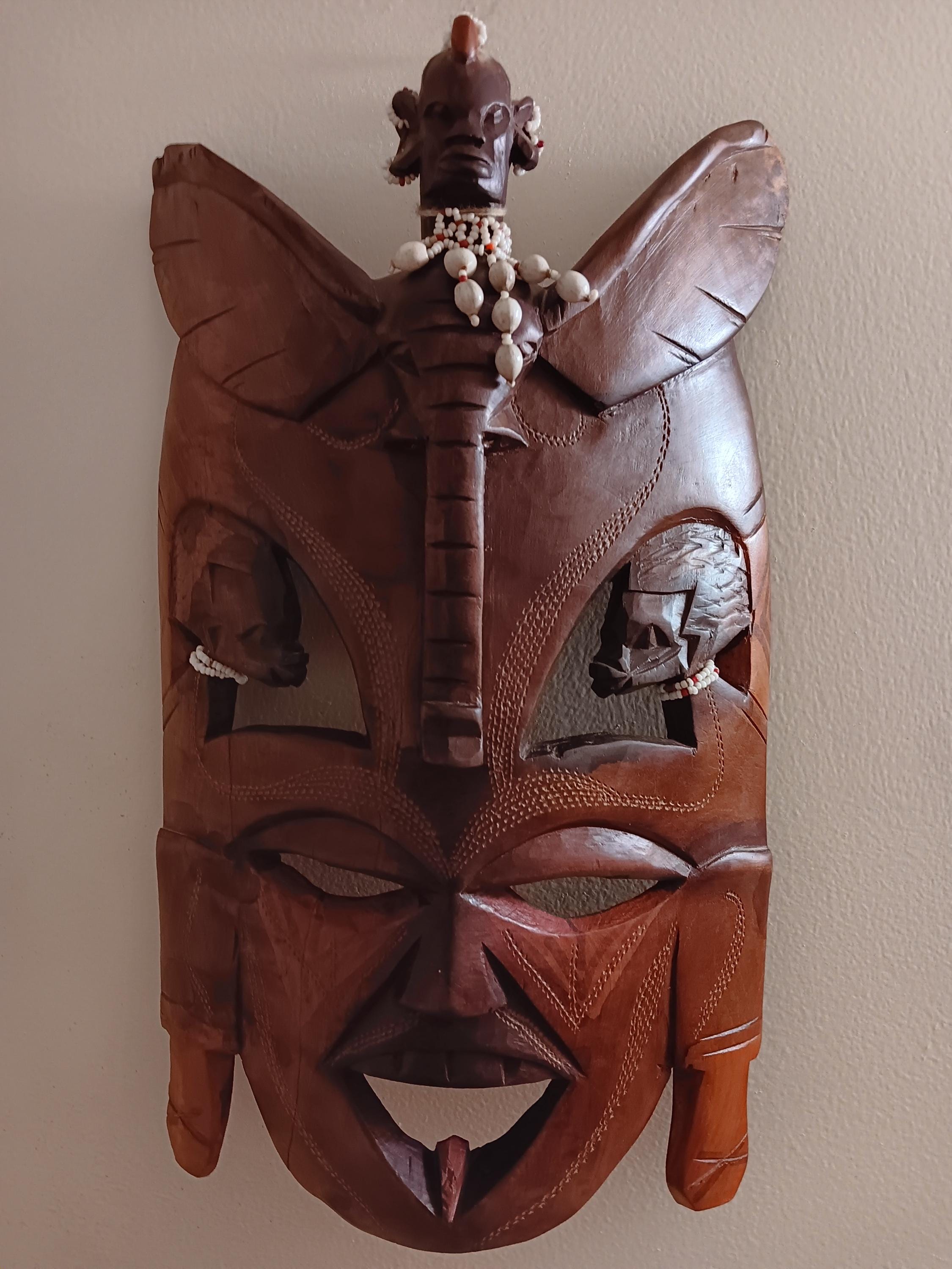 Vintage African Mask, Large Wooden Hand Craved Beaded Figures, African ...