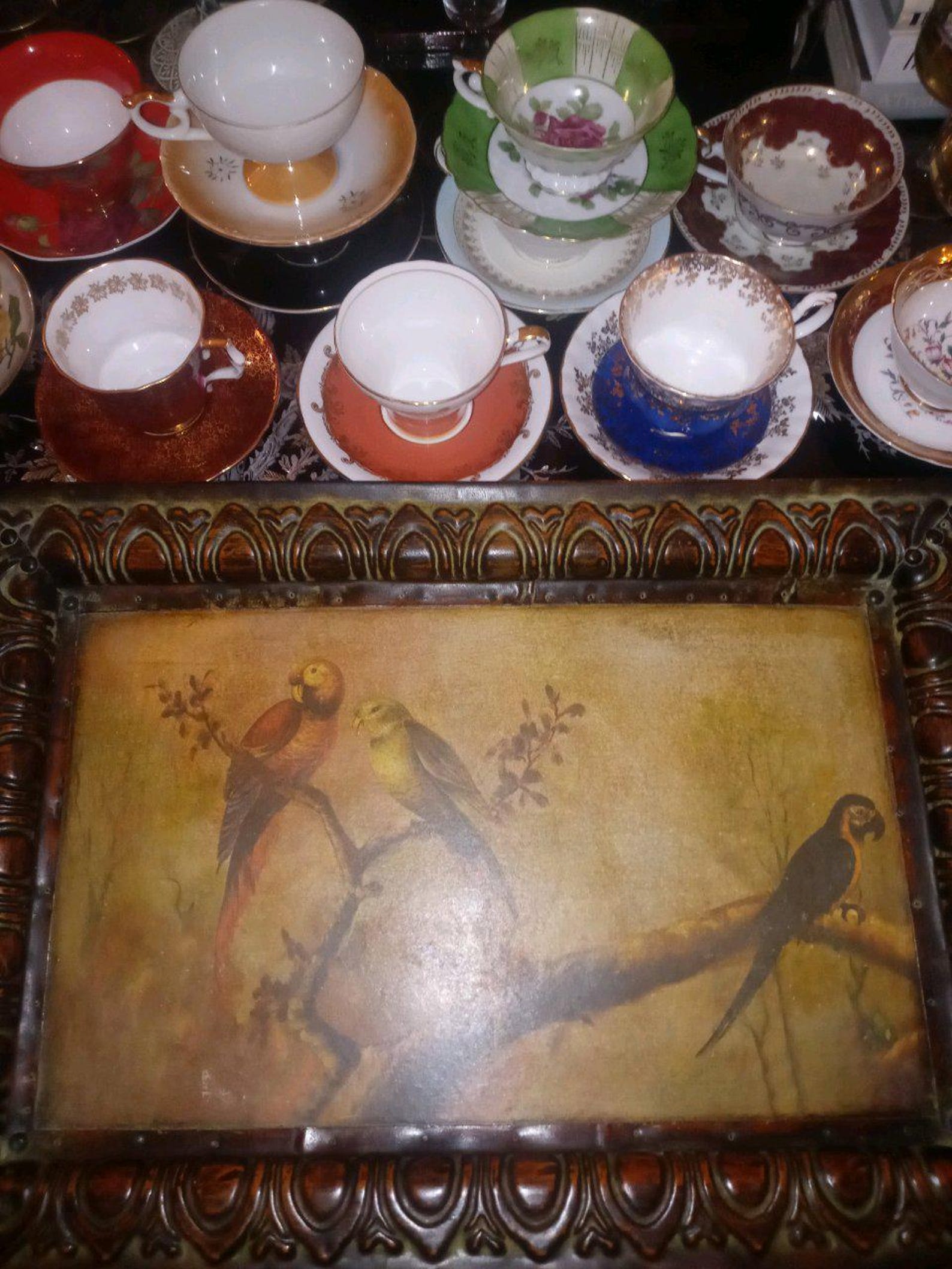 Chinoiserie Wood and Metal Decorative Bird Parrot Serving Tray Home ...