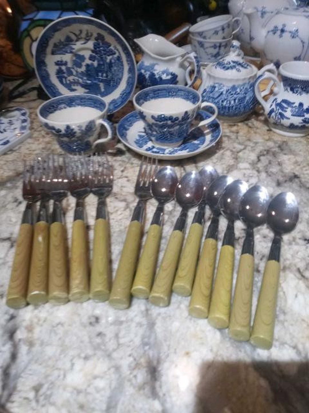 Odd Lot of Flatware Greenish Wood Tone Art Deco Design Vintage Cutlery ...