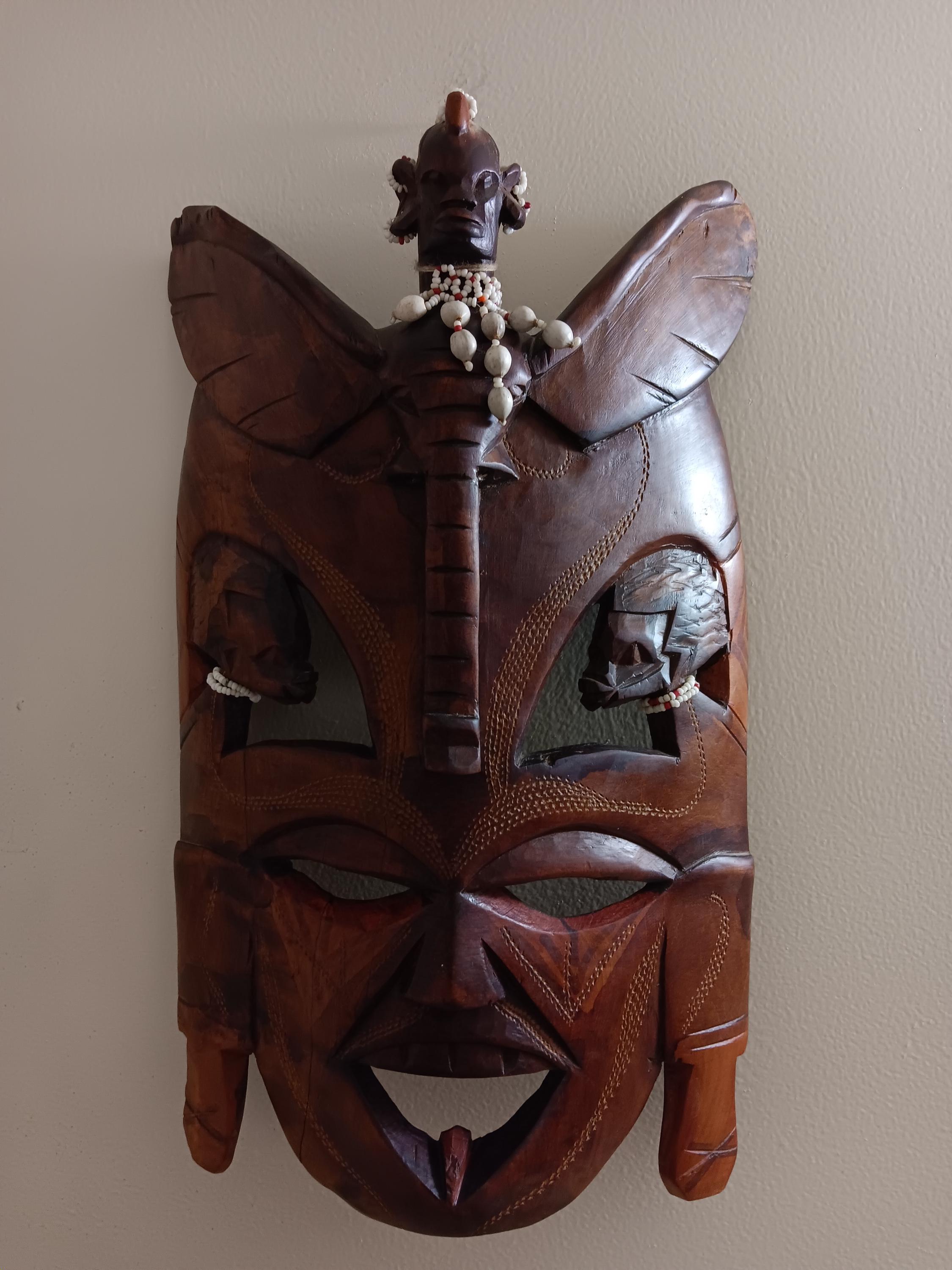 Vintage African Mask, Large Wooden Hand Craved Beaded Figures, African ...
