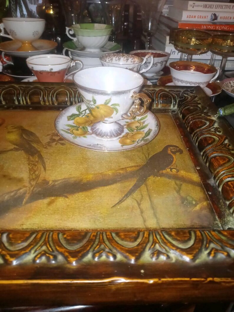 Chinoiserie Wood and Metal Decorative Bird Parrot Serving Tray Home ...