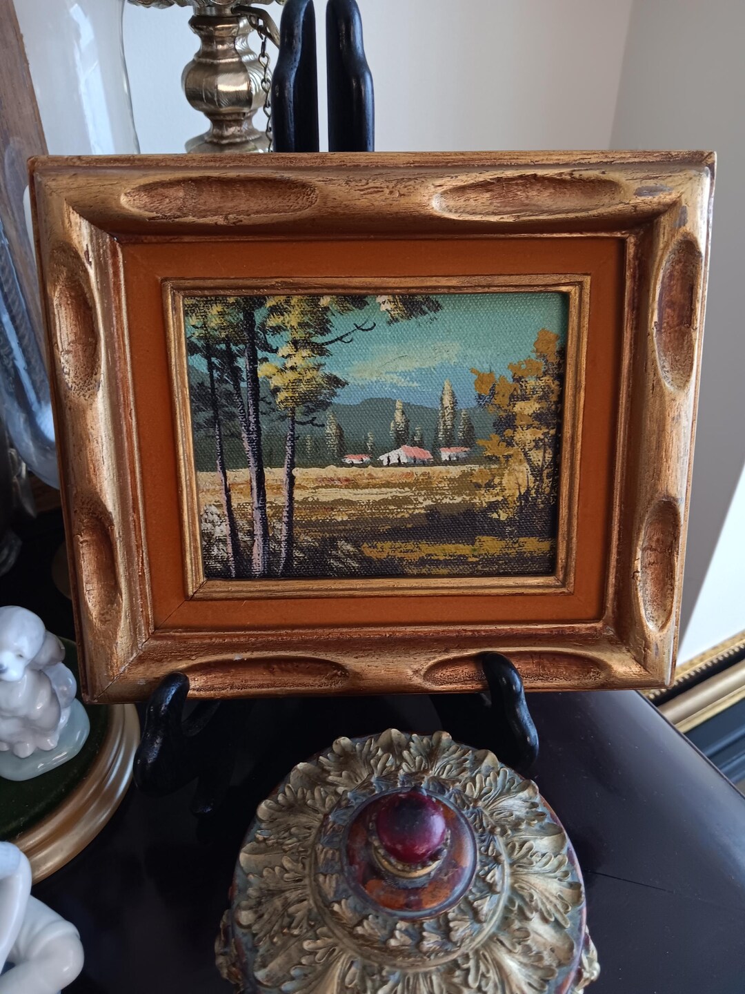 Vintage 70s Landscape Oil Painting on Wood Board Forest and Mountain ...