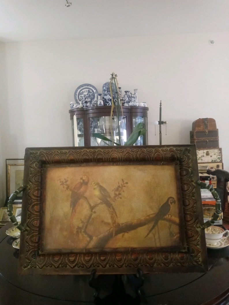 Chinoiserie Wood and Metal Decorative Bird Parrot Serving Tray Home ...