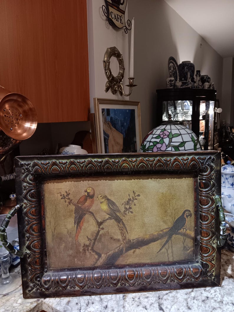 Chinoiserie Wood and Metal Decorative Bird Parrot Serving Tray Home ...