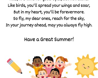 End of School Year Poem Letter From Teacher to Students Pupils Class ...