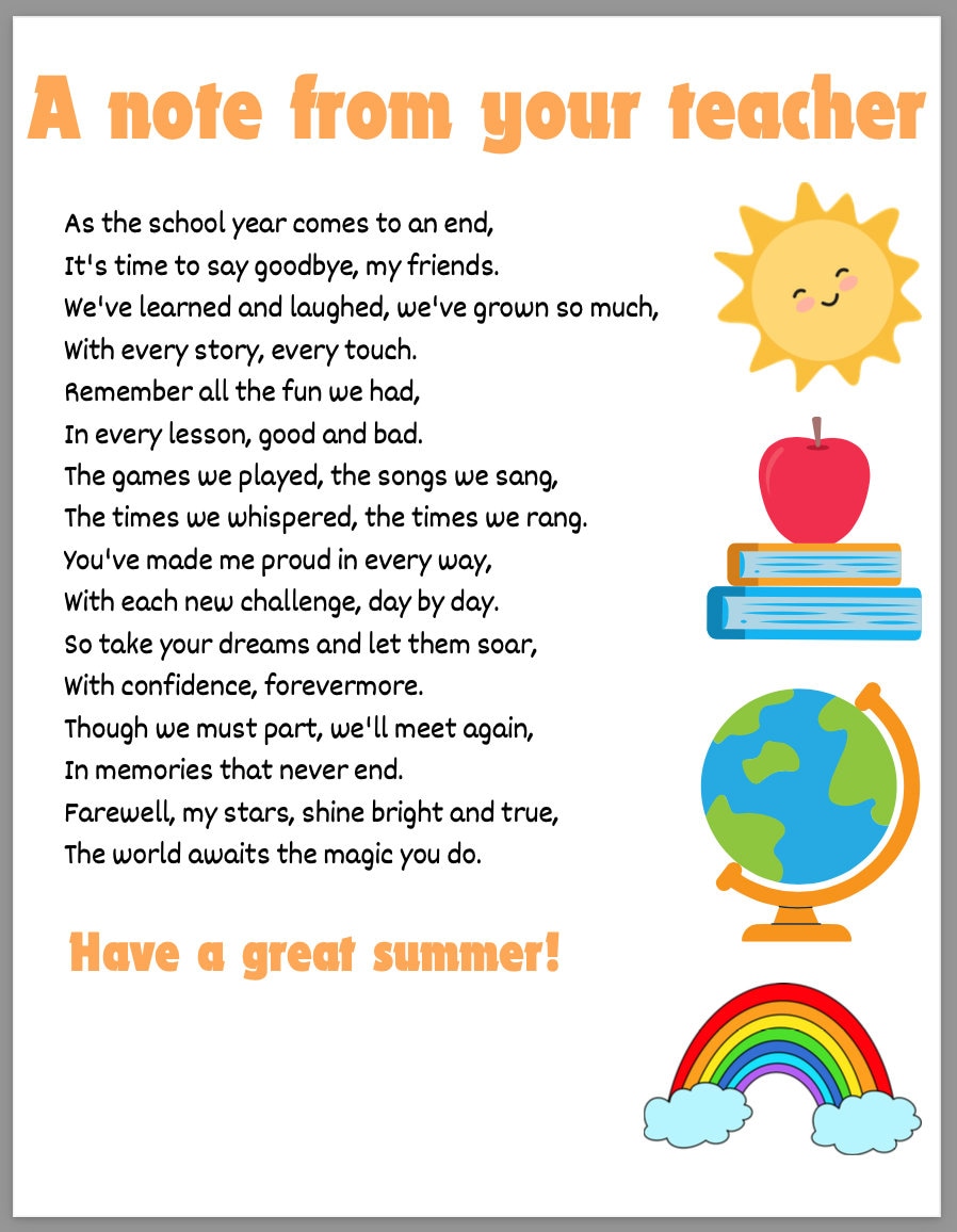 Farewell Poem for Elementary School Children Heartfelt Teacher's ...