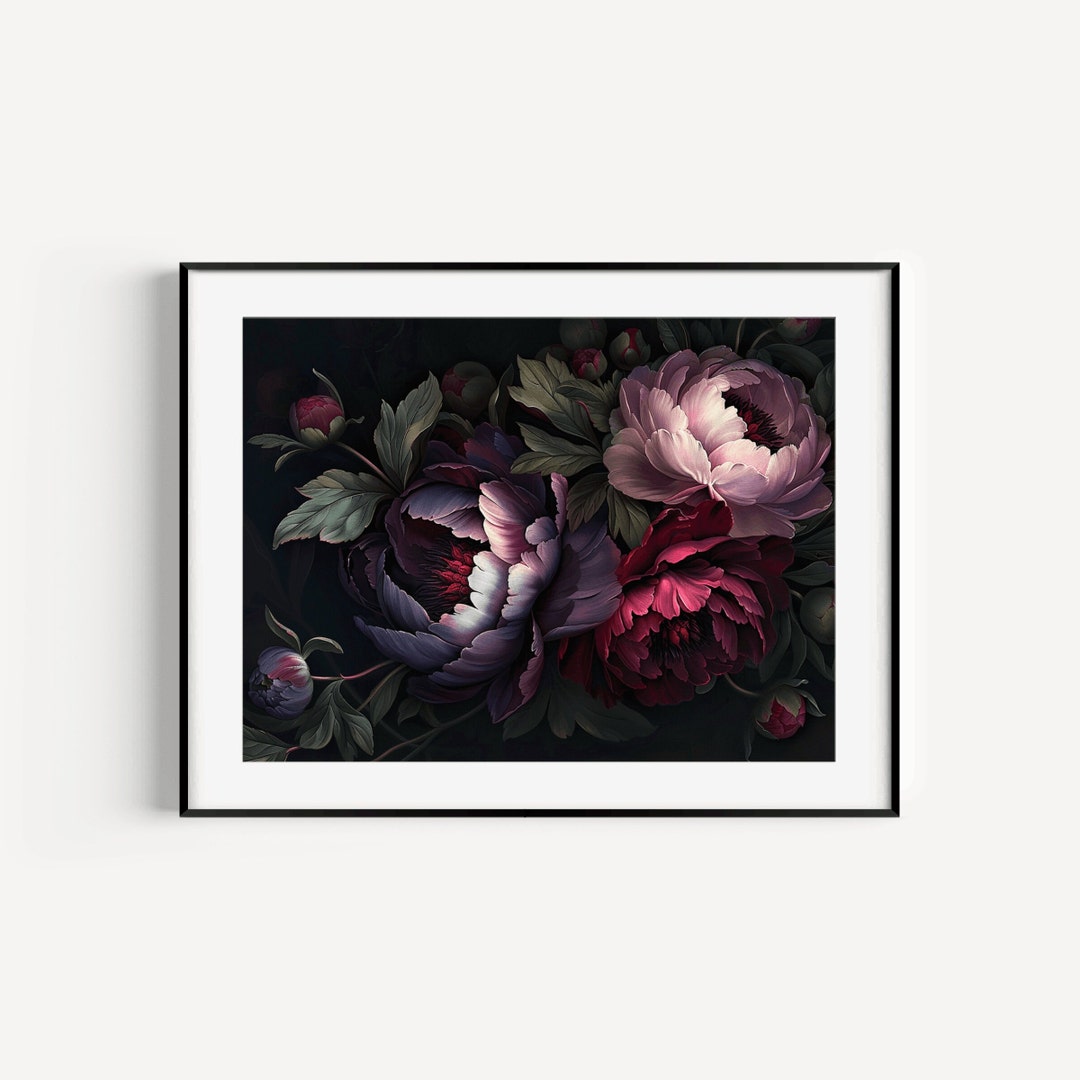 Moody Watercolor Peony Floral Art, Dramatic Dark Vintage Botanical ...