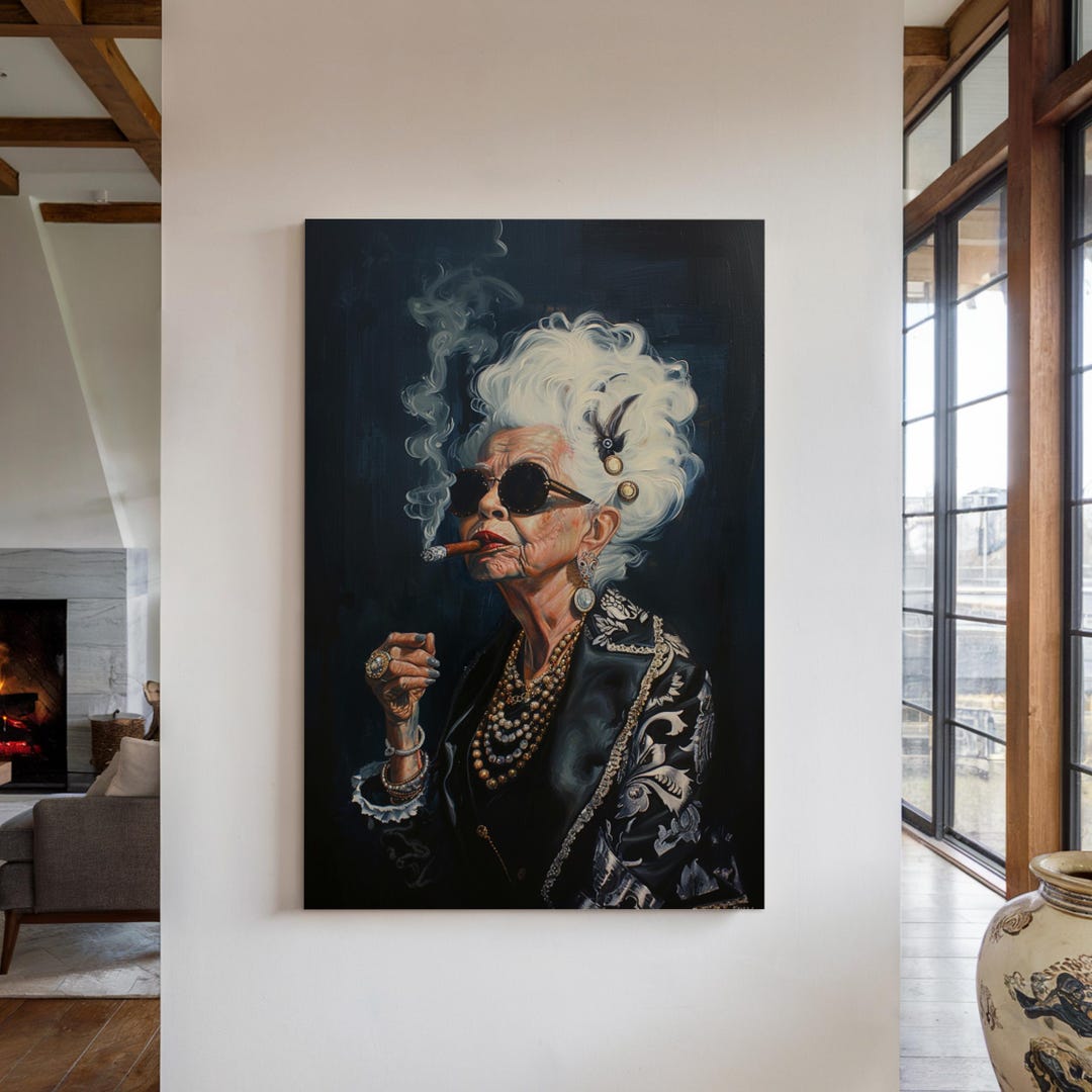 Large Canvas Feisty Old Rococo Woman Smoking A Cigar. Black and White ...