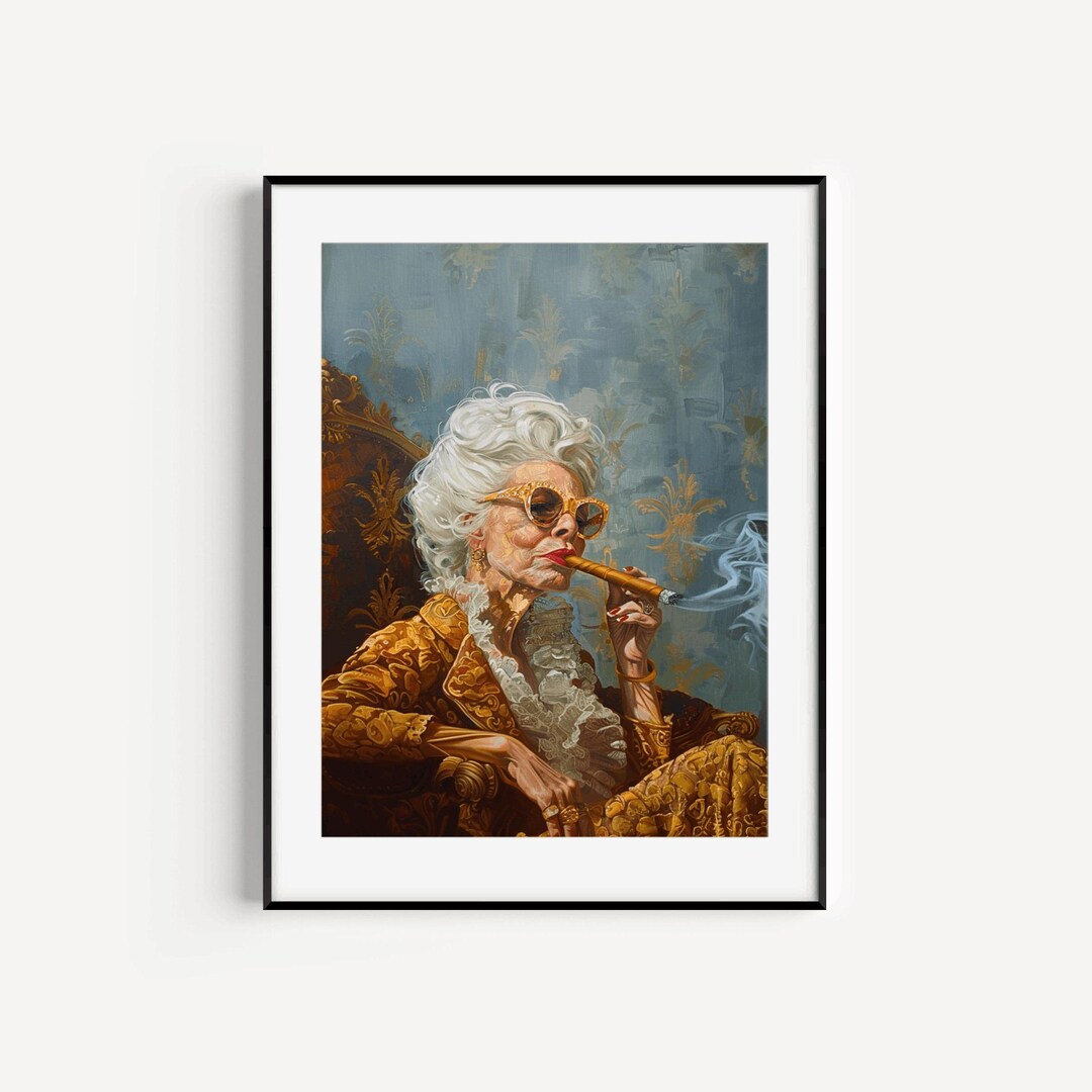 Modern Rococo Gold Blue Portrait Aristocratic Old Woman Smoking Cigar ...