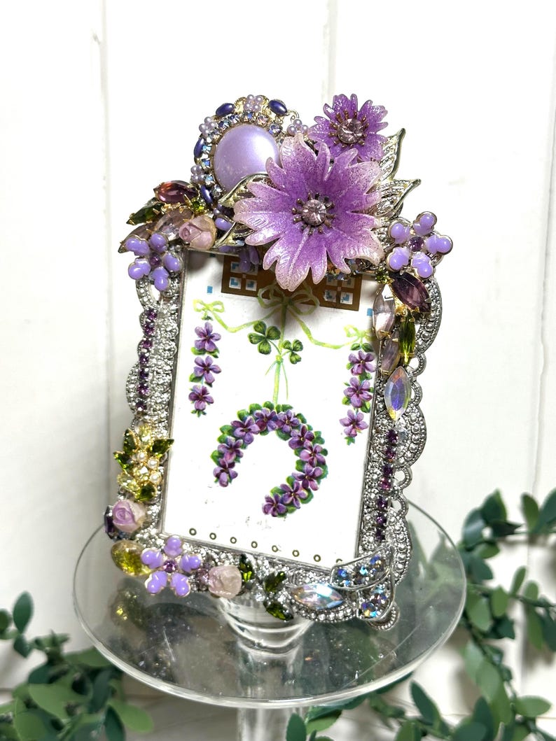Fancy Photo Frame Vintage Purple Flowers & Rhinestones OOAK Elegant ...