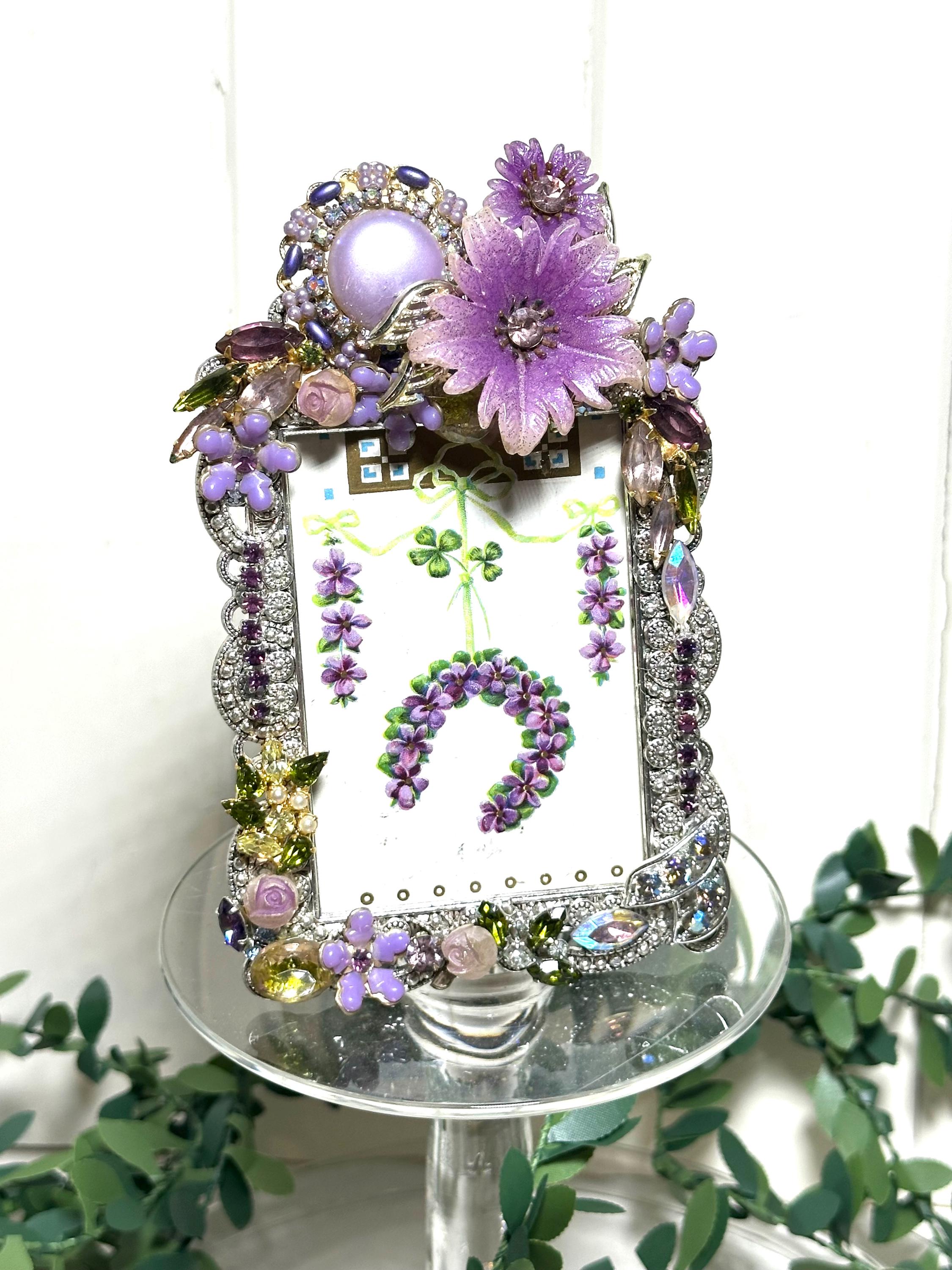 Fancy Photo Frame Vintage Purple Flowers & Rhinestones OOAK Elegant ...