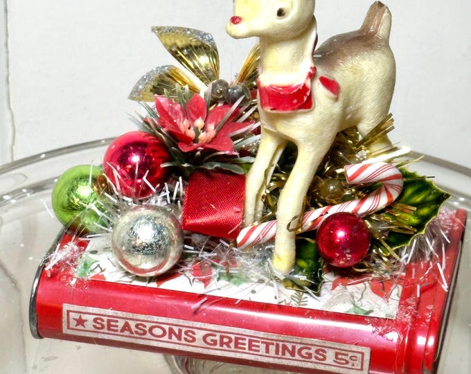 Altered Red Tobacco Tin W/ Vintage Rudolph Mica Mercury Glass Vintage ...