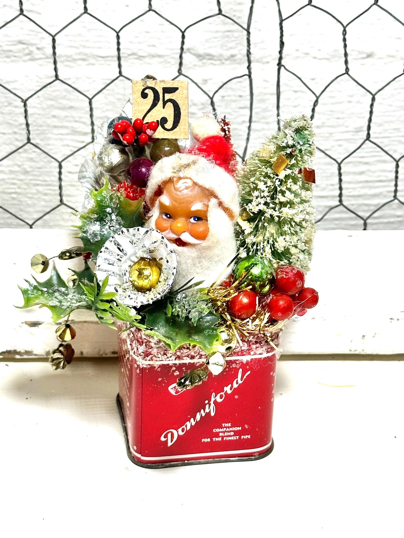 Altered Vintage Tobacco Tin W/ Santa Mica Mercury Glass Bottle Brush ...