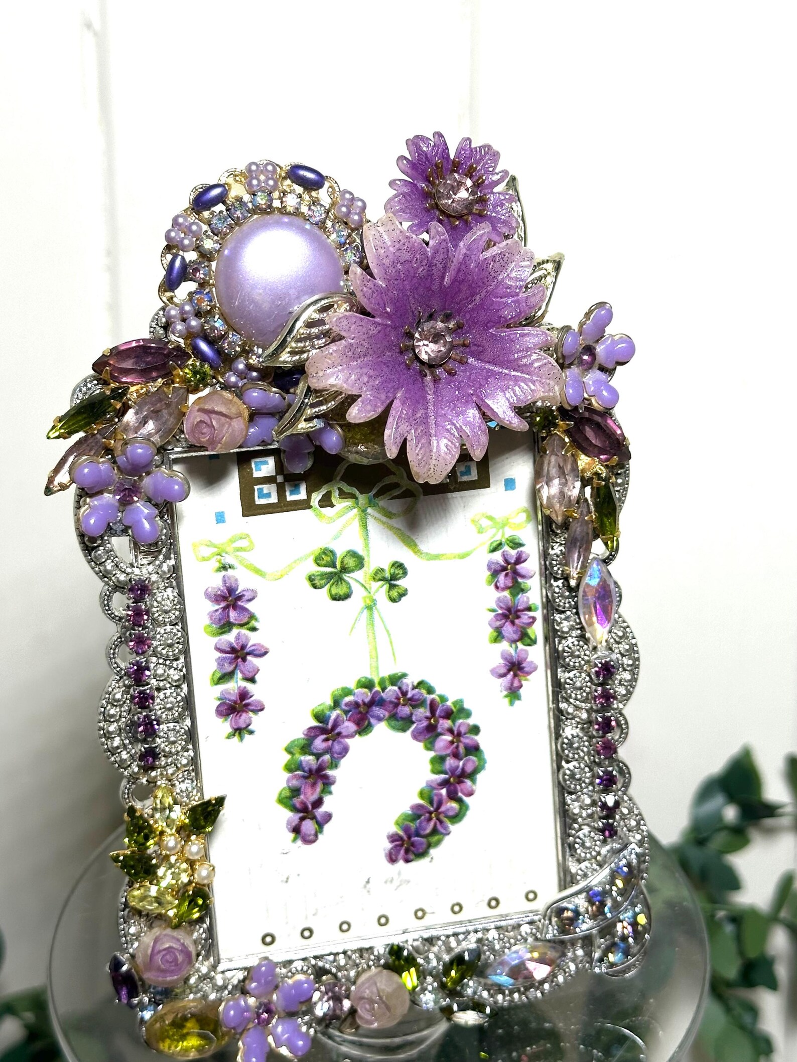 Fancy Photo Frame Vintage Purple Flowers & Rhinestones OOAK Elegant ...