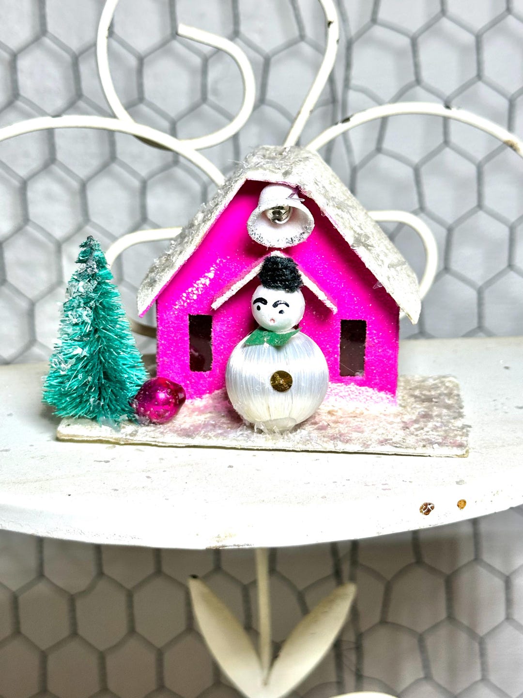 Hot Pink Vintage Putz House Christmas Decor Mica Snow Mercury Spun ...