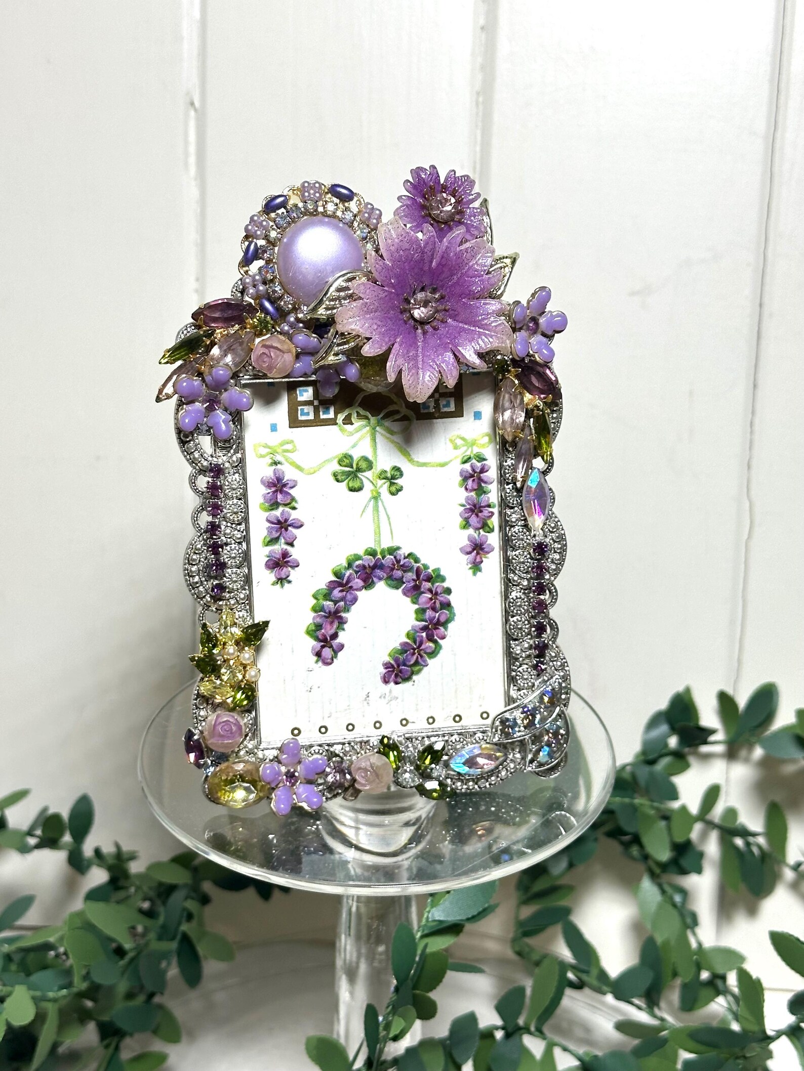 Fancy Photo Frame Vintage Purple Flowers & Rhinestones OOAK Elegant ...