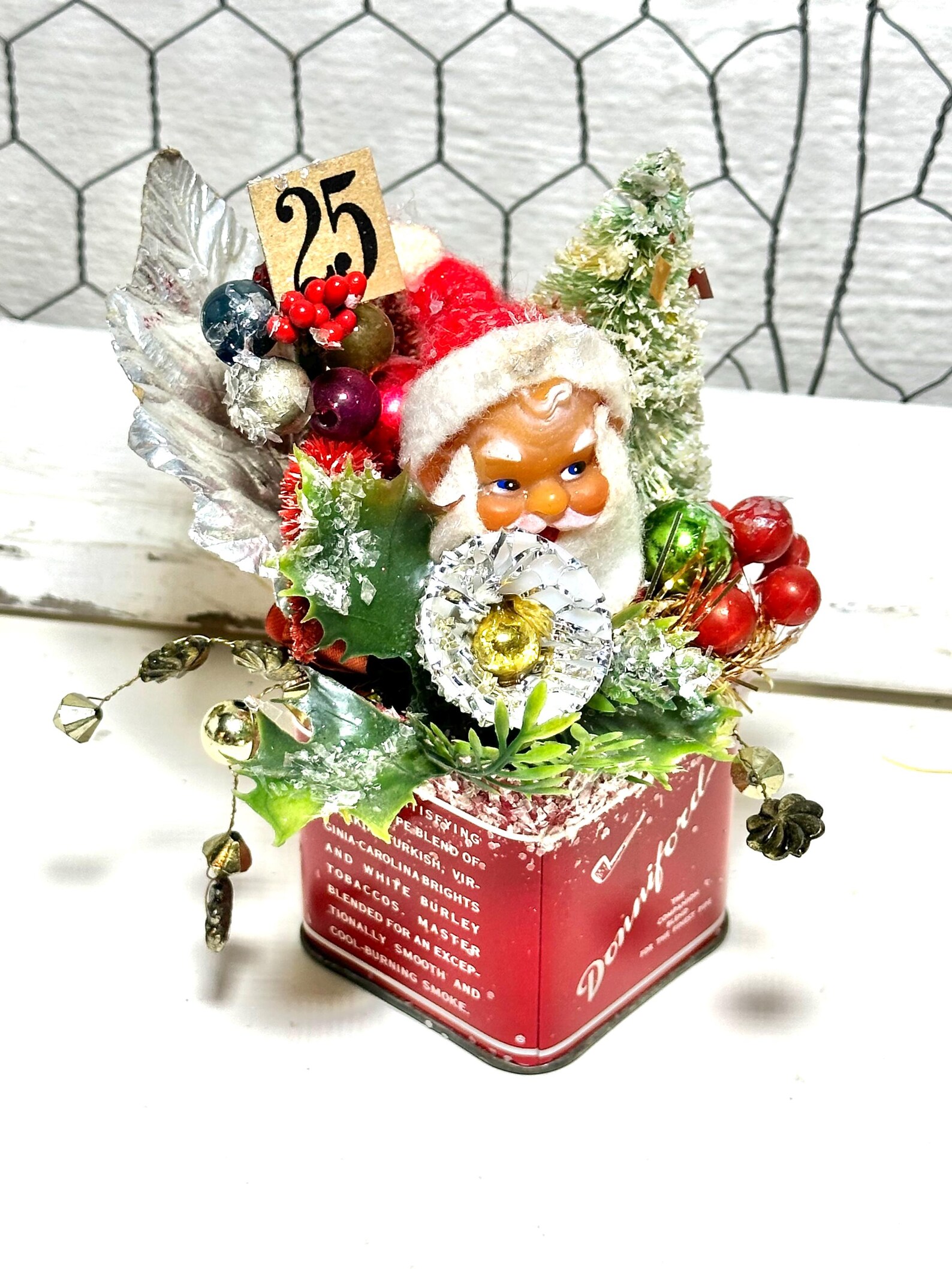 Altered Vintage Tobacco Tin W/ Santa Mica Mercury Glass Bottle Brush ...