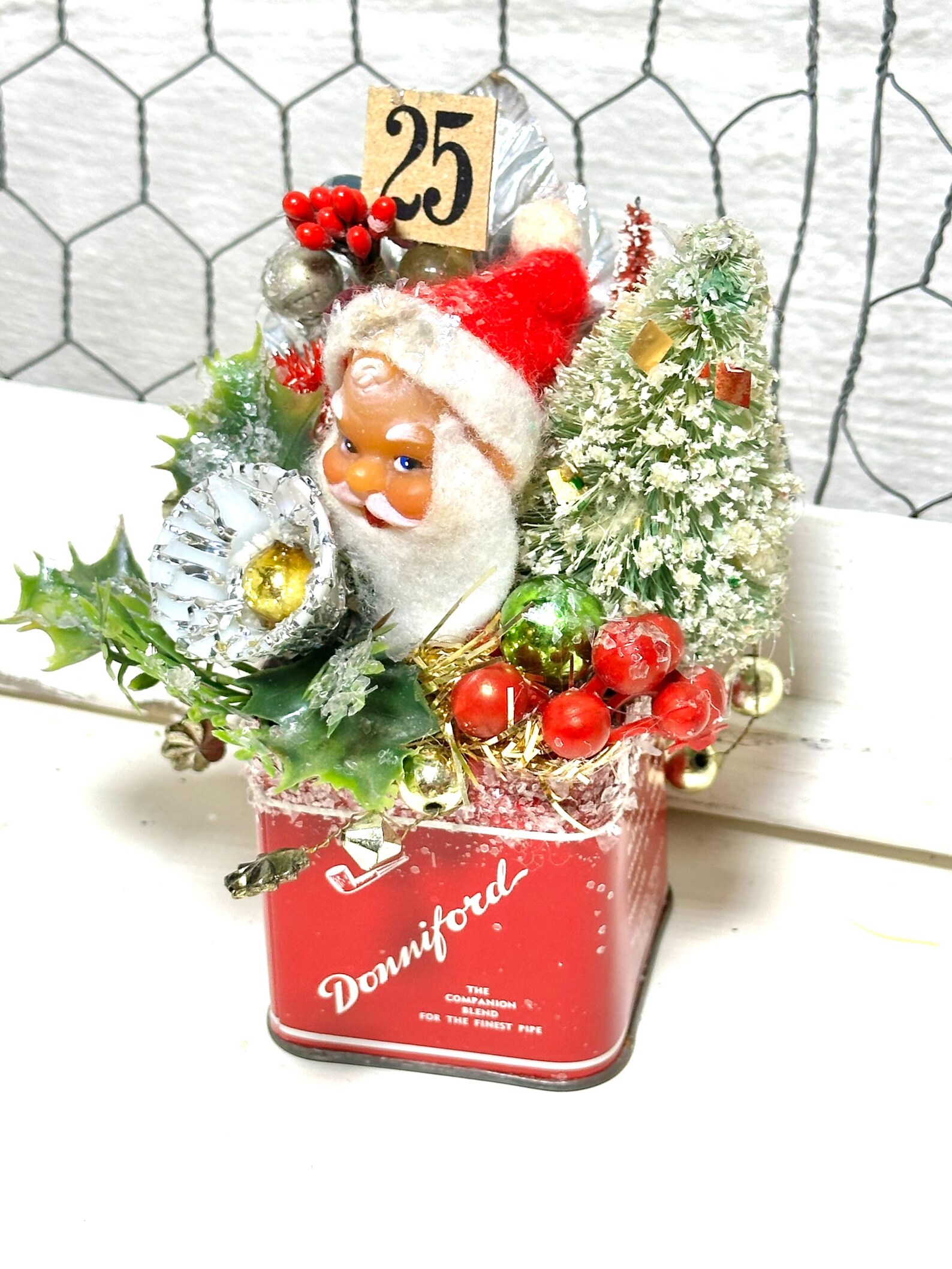 Altered Vintage Tobacco Tin W/ Santa Mica Mercury Glass Bottle Brush ...