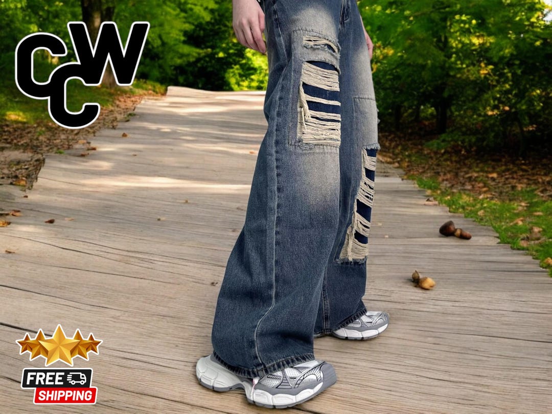 Trendy Ripped Baggy Jeans Vintage Wash Destroyed Denim Y2K Emo ...