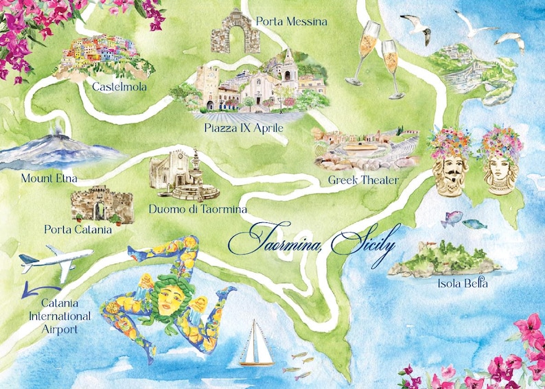 Taormina, Sicily Watercolor Map - Digital File - Etsy