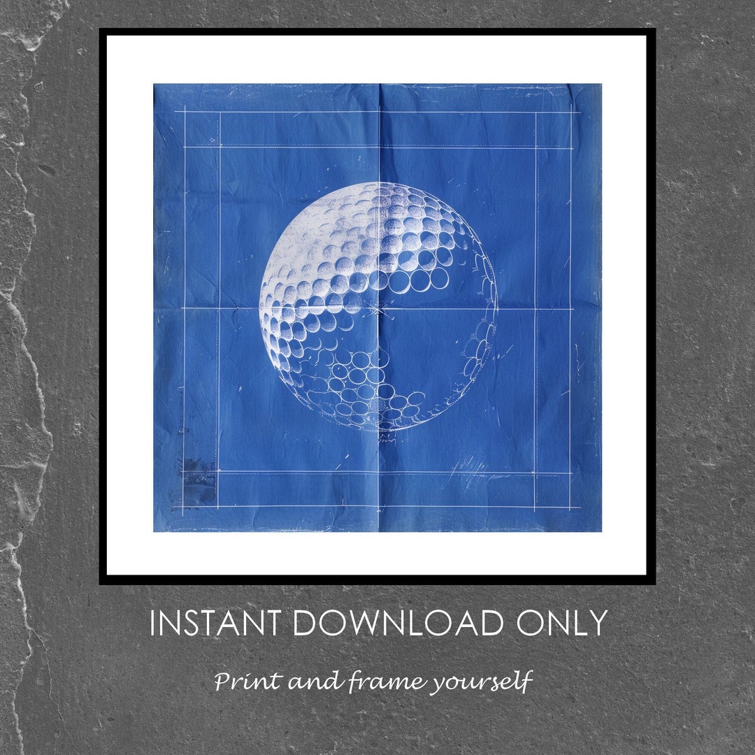 Golf Ball Blueprint Poster, White Pencil Drawing, Color Artistic ...