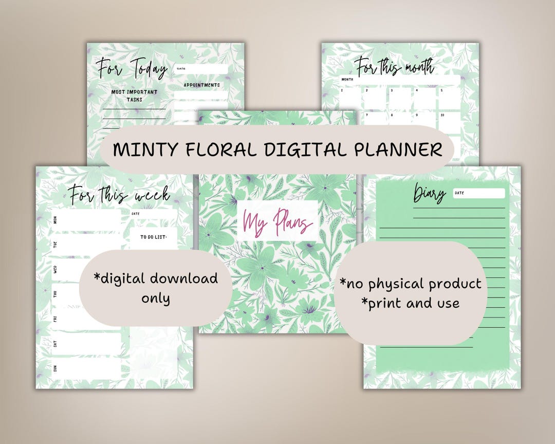 Minty Floral Digital Planner PDF Undated A4 Organizer | Daily, Weekly ...