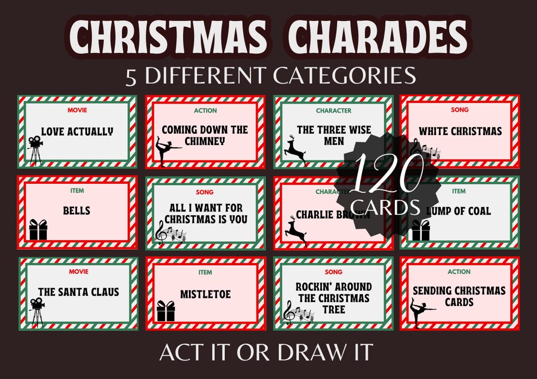 Christmas Charades Cards Act It, Xmas Family Game Song, Printable Party ...
