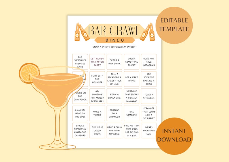 Bar Crawl Bingo, Birthday Bar Crawl Printable, Ladies Night Scavenger ...