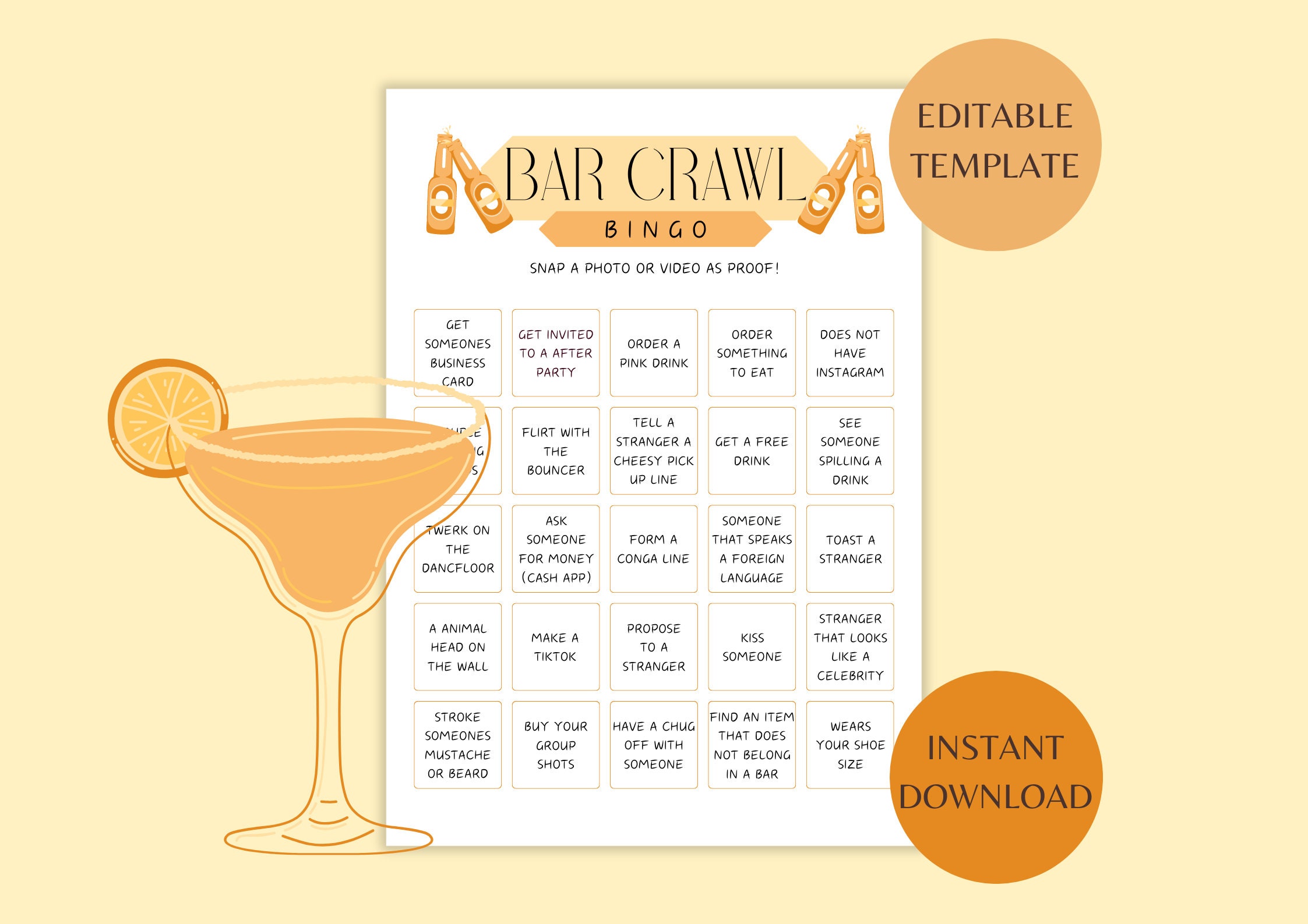 Bar Crawl Bingo, Birthday Bar Crawl Printable, Ladies Night Scavenger ...