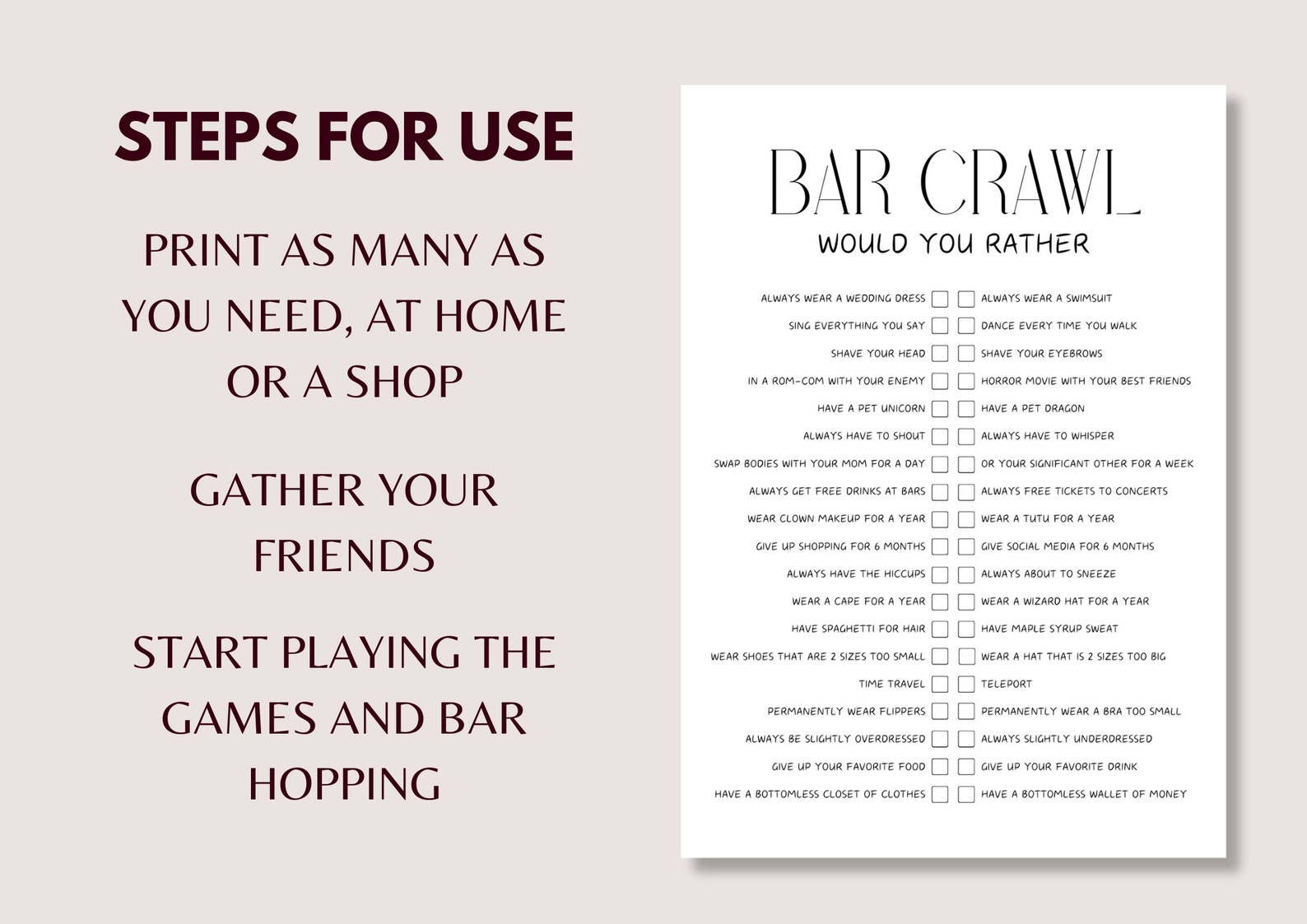 Bar Crawl Scavenger Hunt, Birthday Bar Crawl Printable, Ladies Night ...