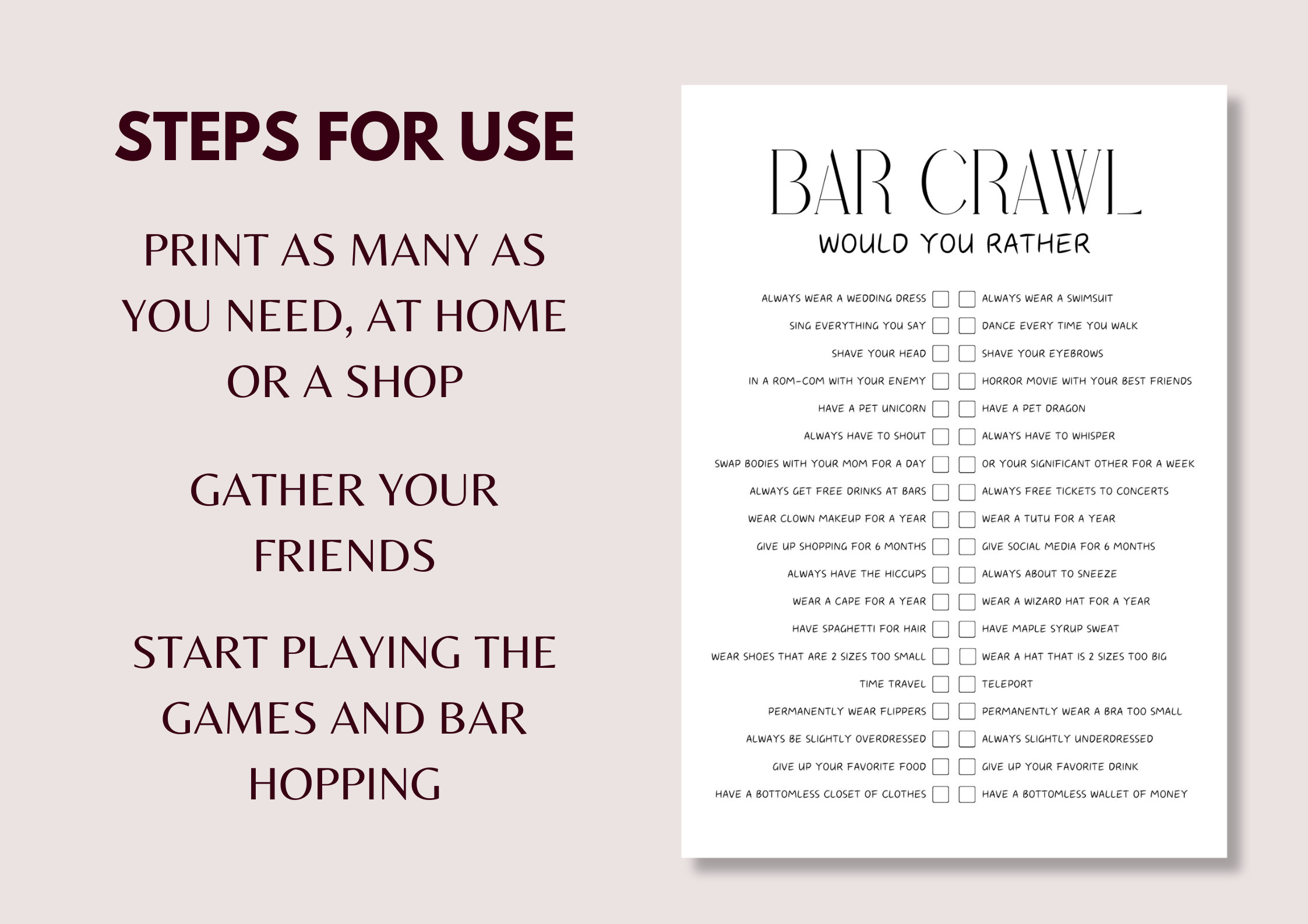 Bar Crawl Scavenger Hunt, Birthday Bar Crawl Printable, Ladies Night ...