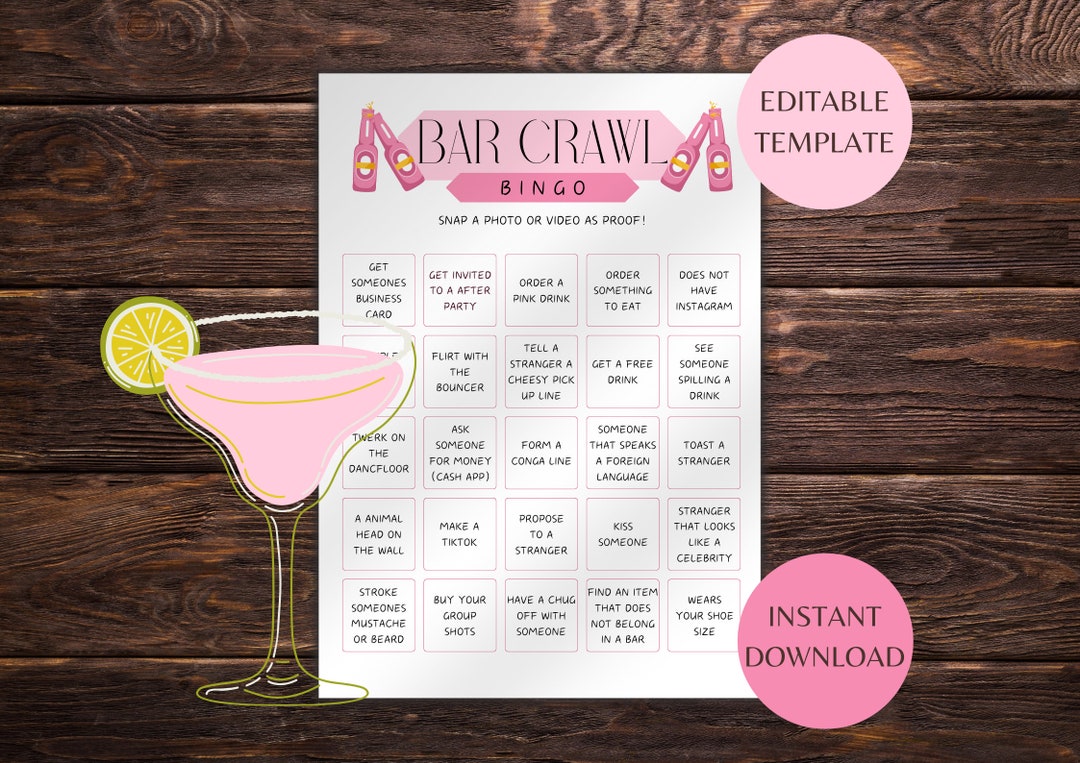 Bar Crawl Bingo, Birthday Bar Crawl Printable, Ladies Night Scavenger ...