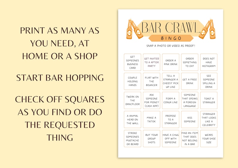 Bar Crawl Bingo, Birthday Bar Crawl Printable, Ladies Night Scavenger ...
